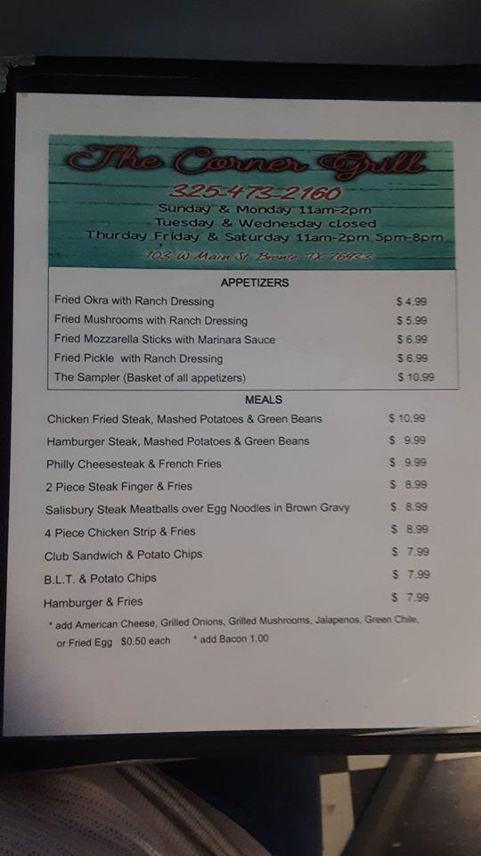 Menu at Corner Grill restaurant, Bronte