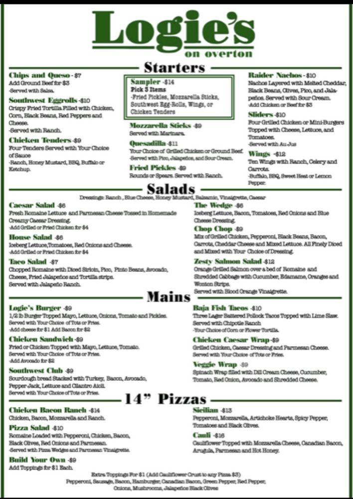 Menu at Logie’s on Overton pub & bar, Lubbock