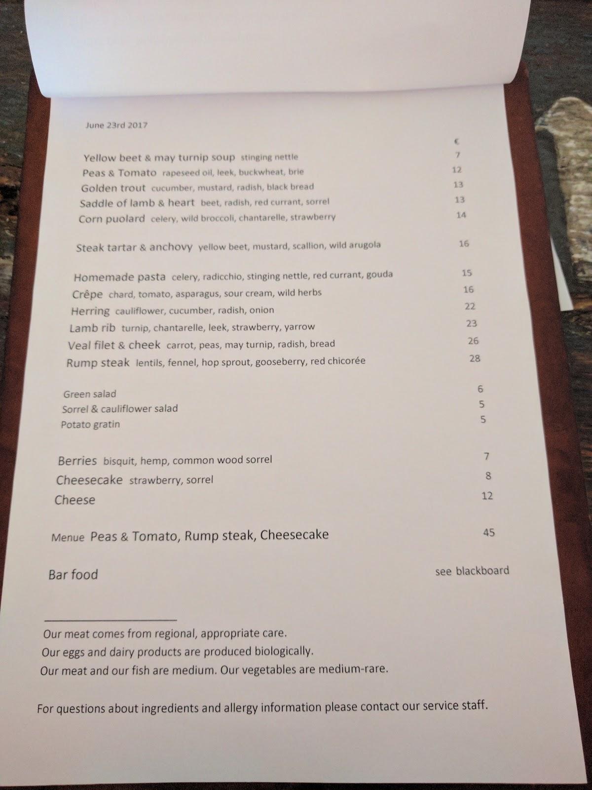 Menu at Lokal restaurant, Berlin, Linienstraße 160