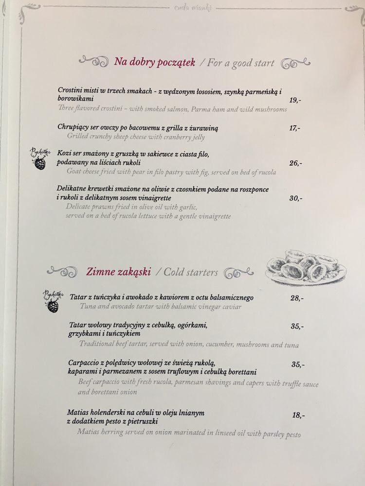 Menu at Miód Malina restaurant, Kraków