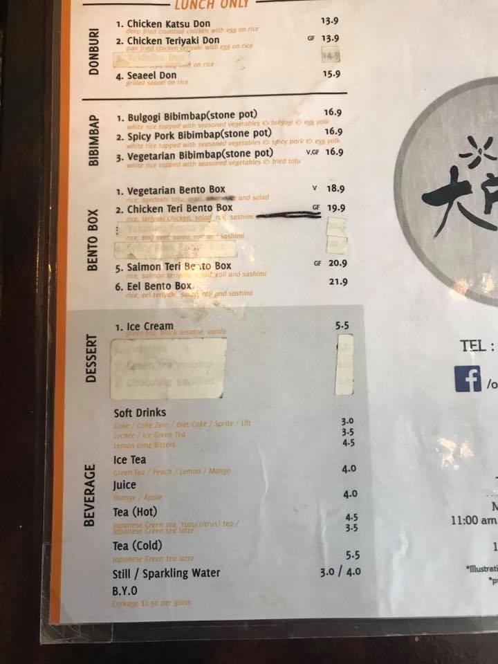 Menu at Ootoya Japanese Sushi Bar, Coffs Harbour
