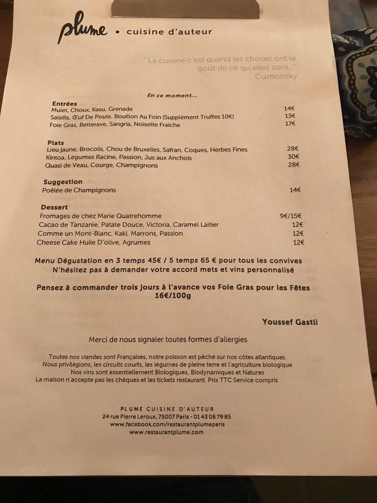 Menu at Restaurant Plume, Paris, 24 Rue Pierre Leroux