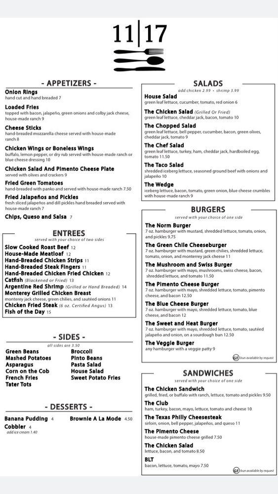Menu at 1117 restaurant, McKinney
