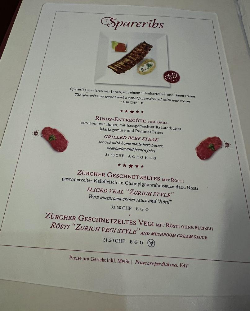 Menu at Alexi's, Zürich
