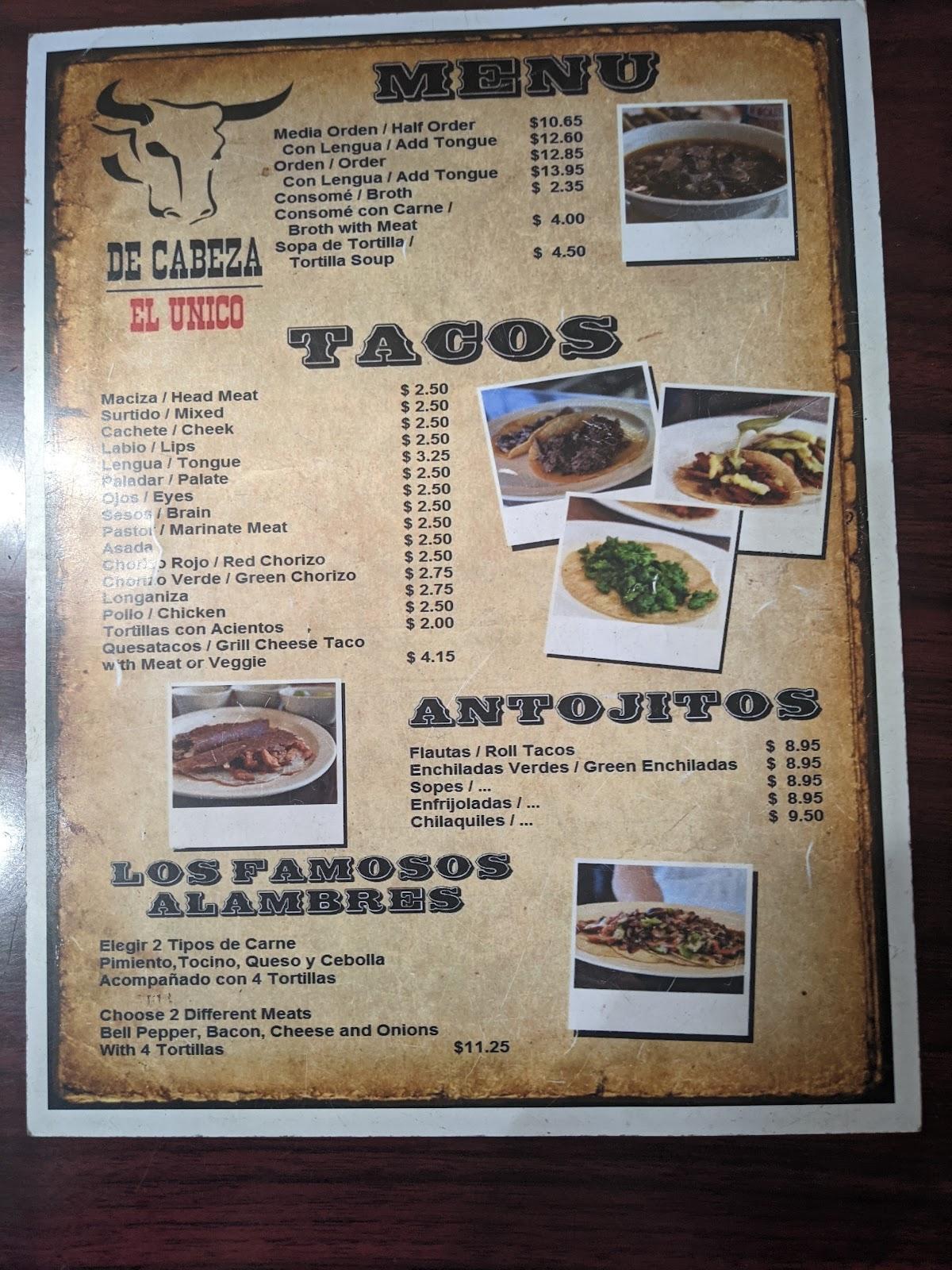 Menu at De Cabeza /El Único restaurant, Chula Vista