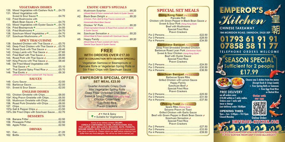 Menu at Emperors Kitchen fast food, Swindon