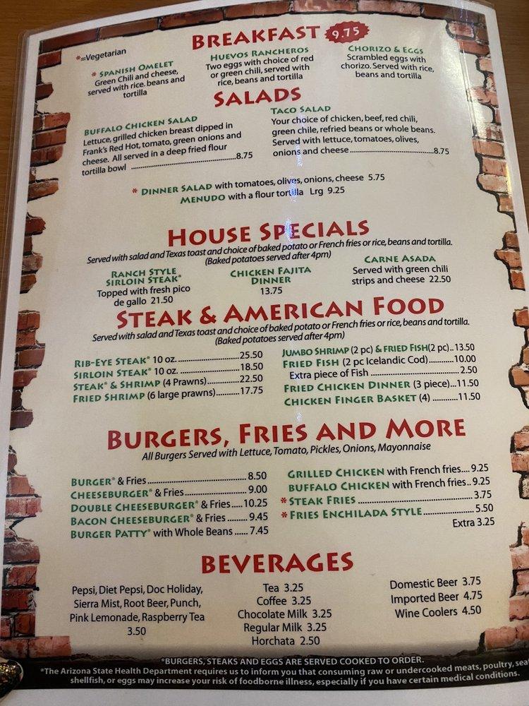 Menu at Irene's Real Mexican Food restaurant, Globe