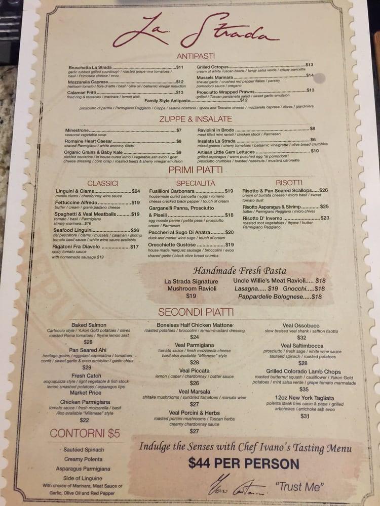 Menu at La Strada restaurant, Reno