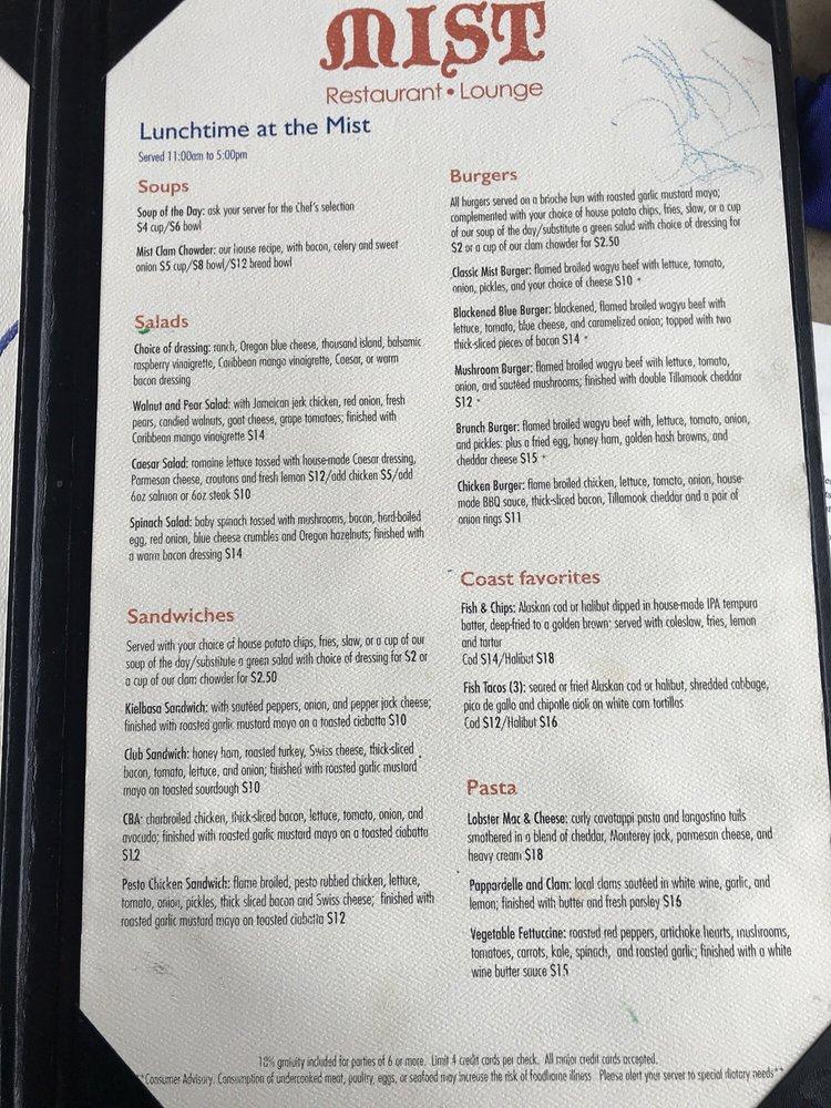 Menu at MIST Restaurant & Lounge, Lincoln City
