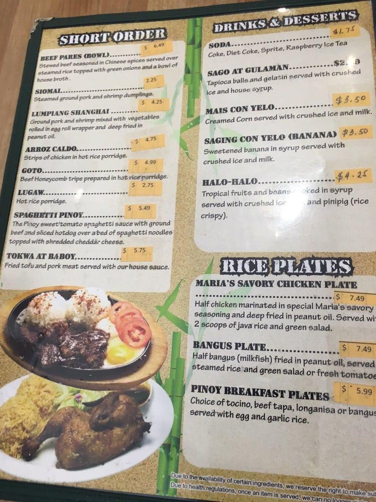 Menu at Maria's Kusina restaurant, Buena Park