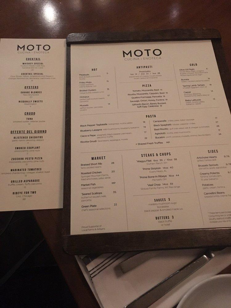 Menu at Moto restaurant, Nashville
