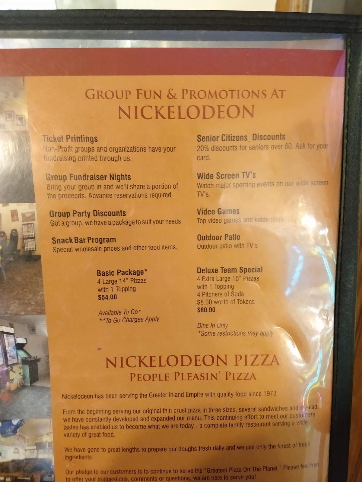 Menu at Nickelodeon Pizza pizzeria, Colton, E Washington St