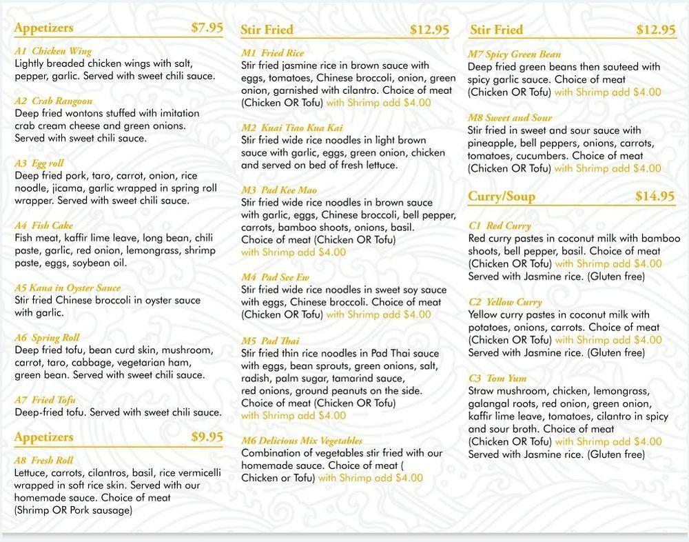 Menu at Pattaya Bay Thai restaurant, Seattle