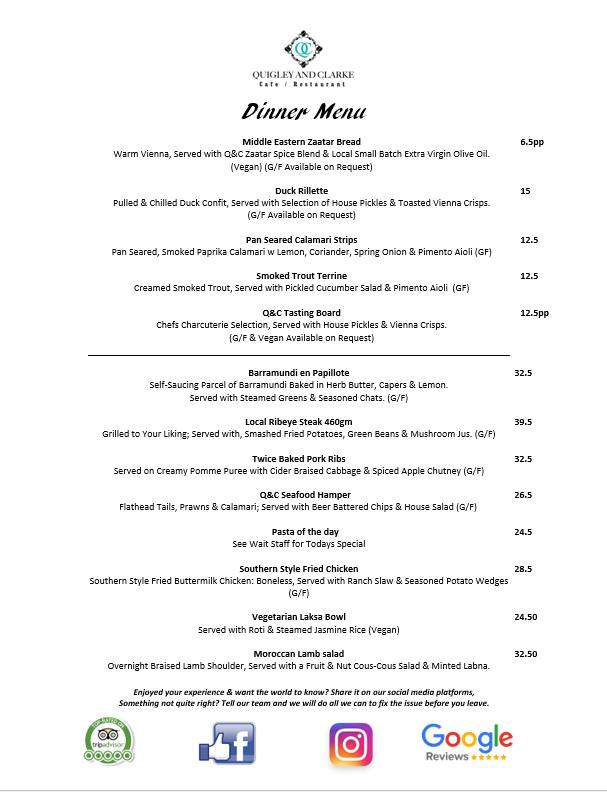 Menu at Criterion Clunes restaurant, Clunes