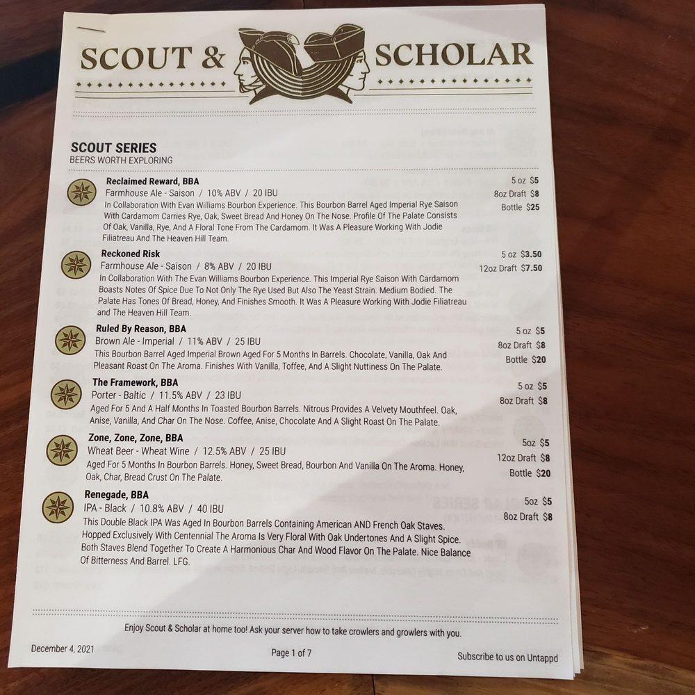 Menu at Scout & Scholar Brewing Co. restaurant, Bardstown