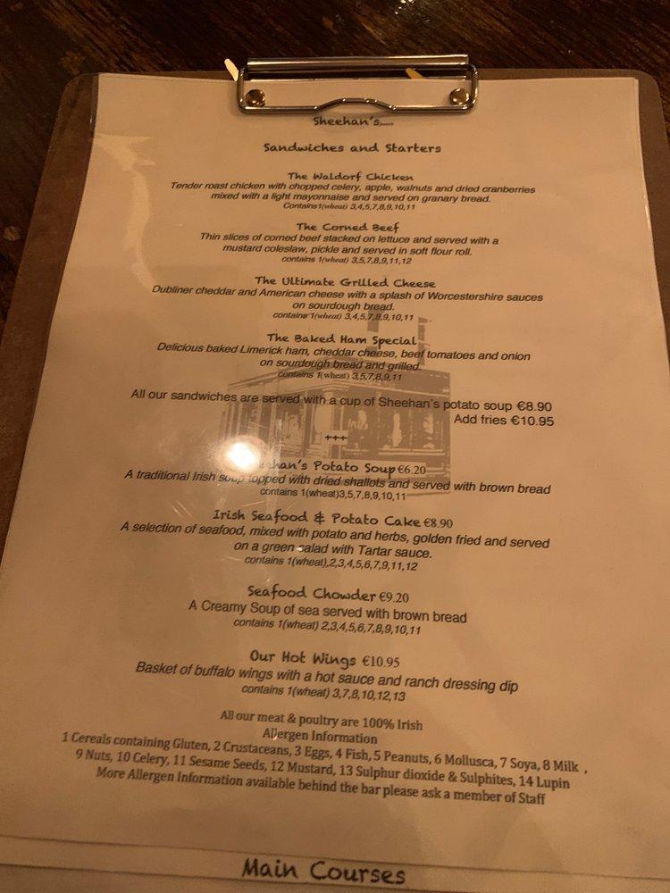 Menu at Sheehans Pub, Dublin, 17 Chatham St