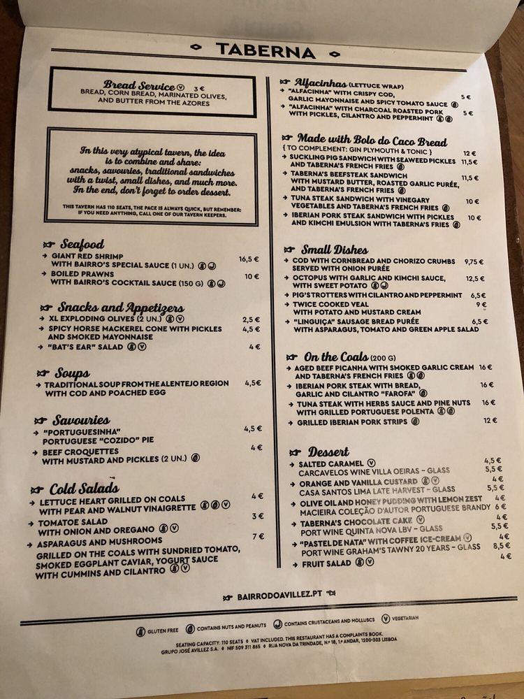 Menu at Taberna - Bairro do Avillez restaurant, Lisbon, Rua Nova da ...