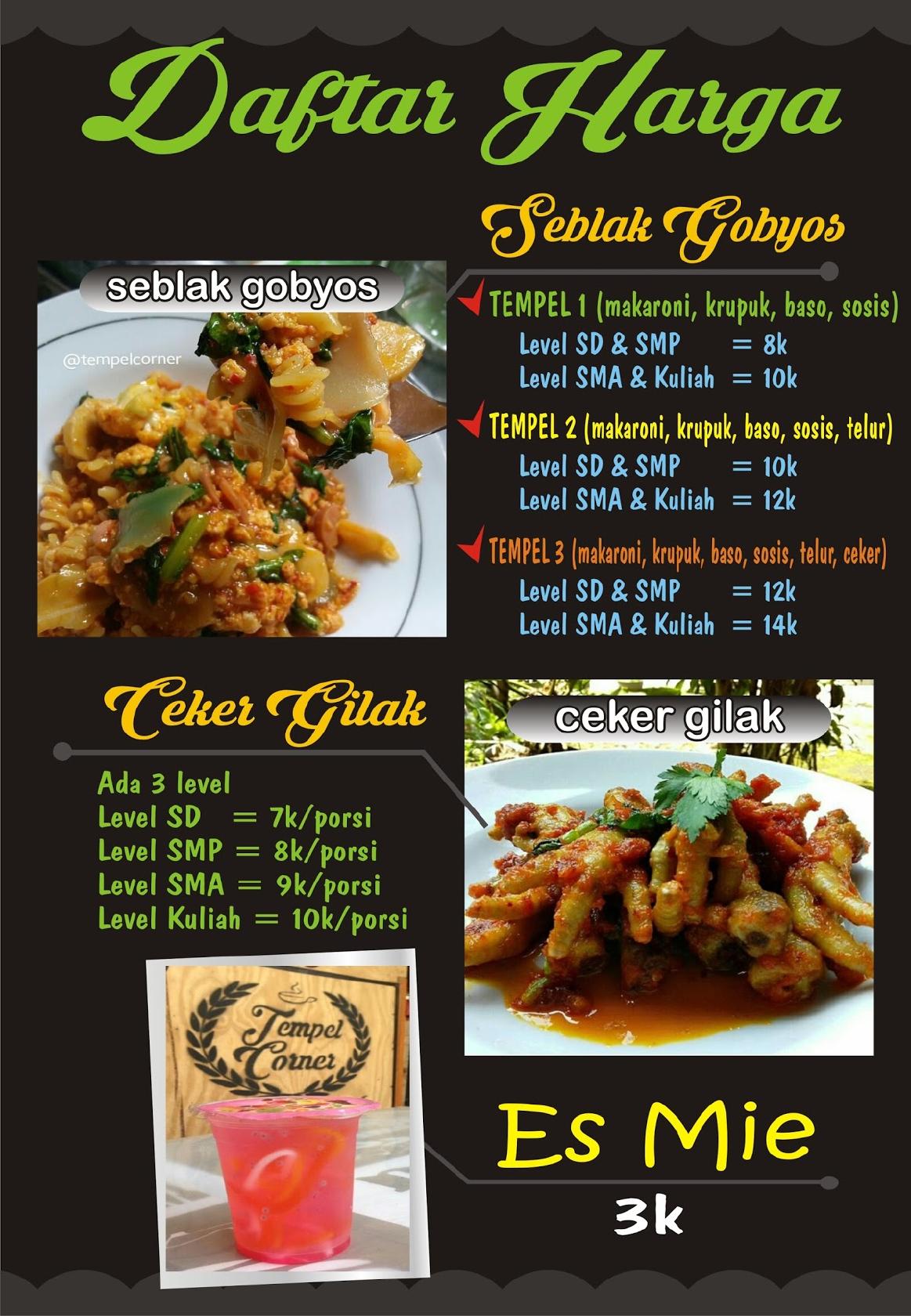 Menu at Tempel Corner cafe, Kudus