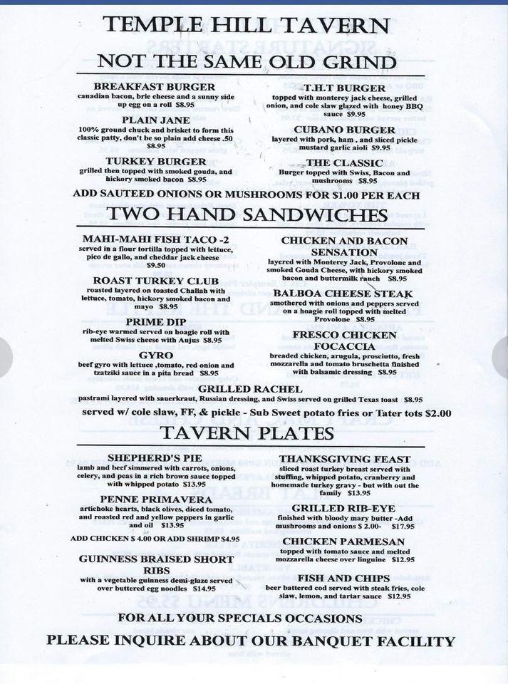 Menu at Temple Hill Tavern pub & bar, New Windsor