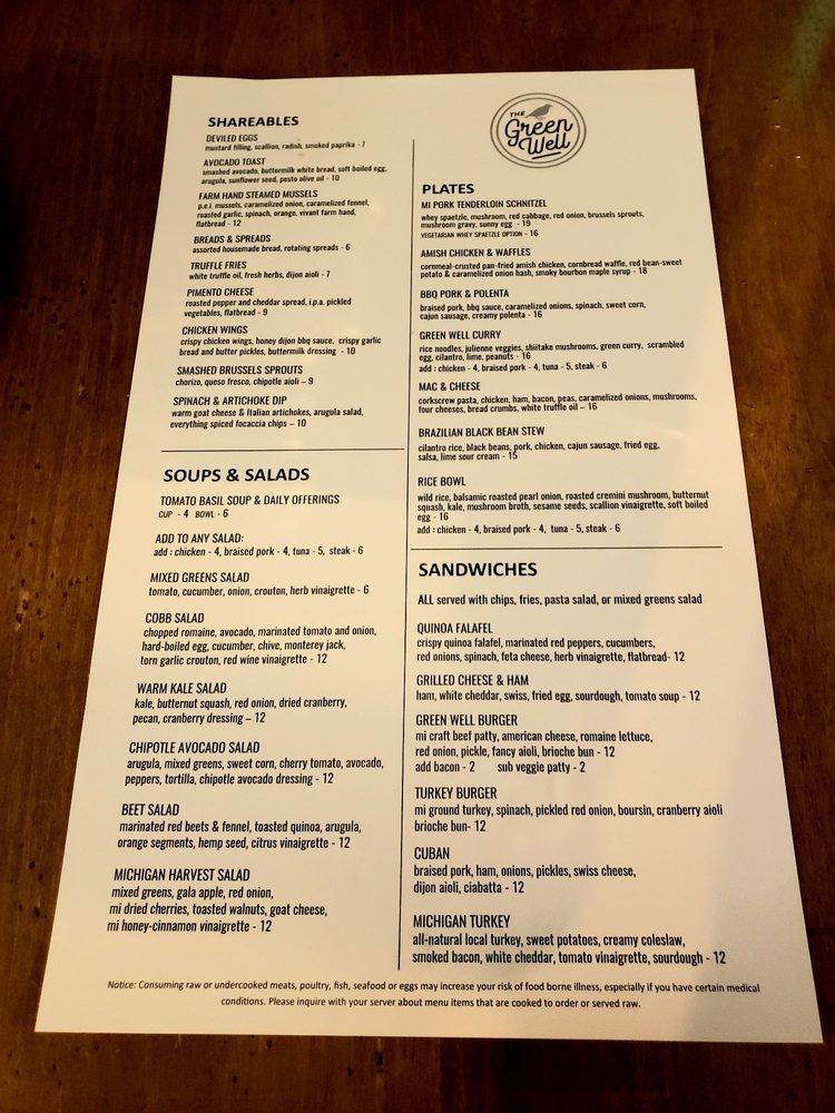 Menu at The Green Well pub & bar, Grand Rapids