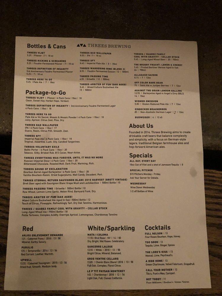 Menu at Threes Brewing Gowanus pub & bar, New York City, 333 Douglass St