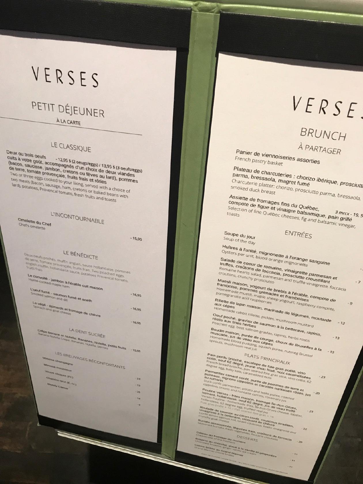 Menu at Verses Bistro restaurant, Montréal
