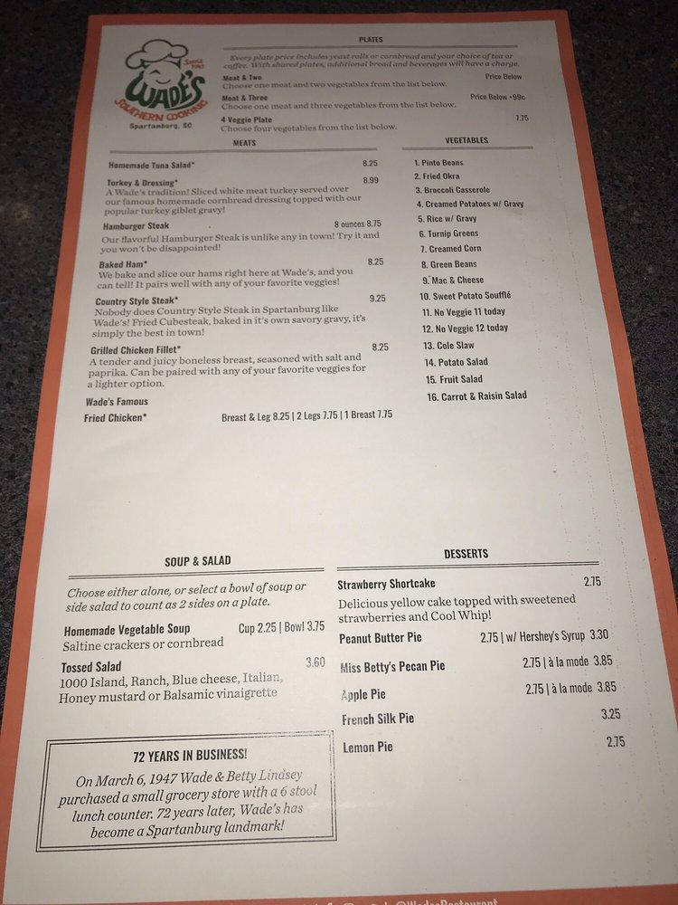 Menu at Wade's Restaurant, Spartanburg, N Pine St