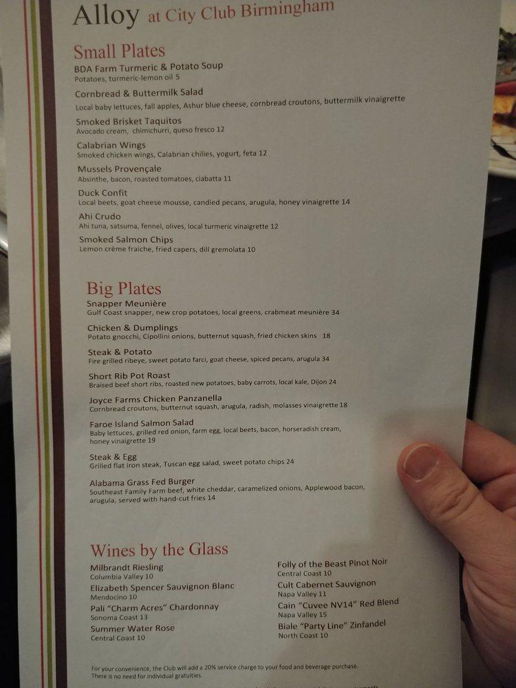 Menu at City Club Birmingham, Birmingham