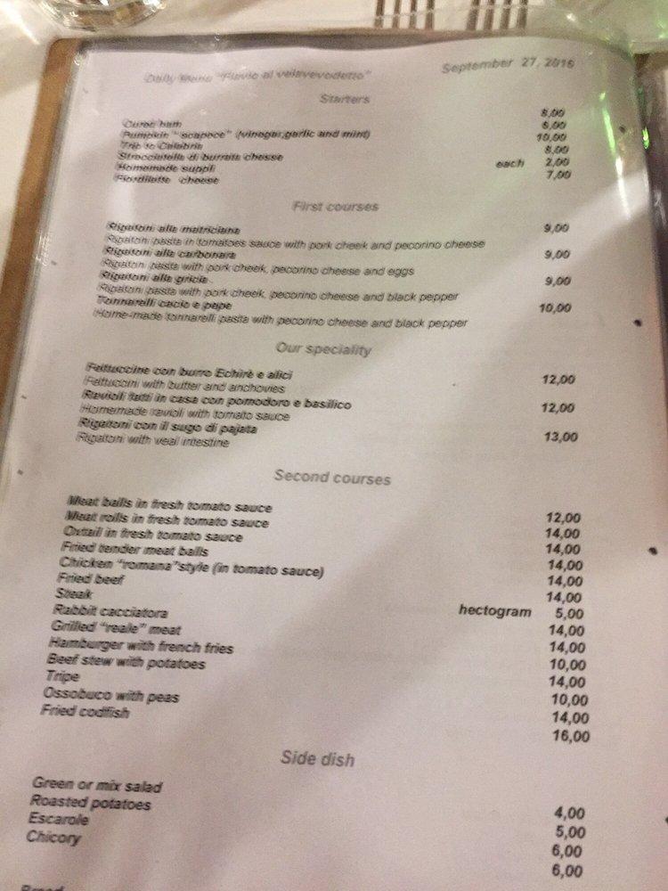 Menu at Flavio al Velavevodetto restaurant, Rome