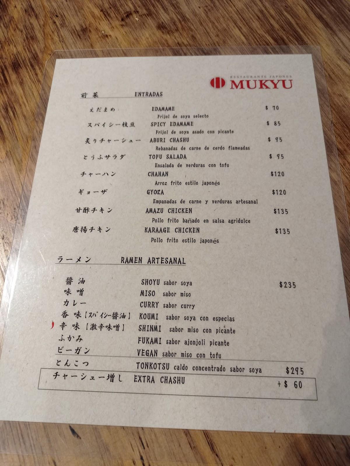 Carta del restaurante Mukyu ramen, Ciudad del México