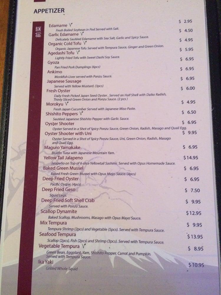 Menu at Opus Sushi restaurant, Arcadia