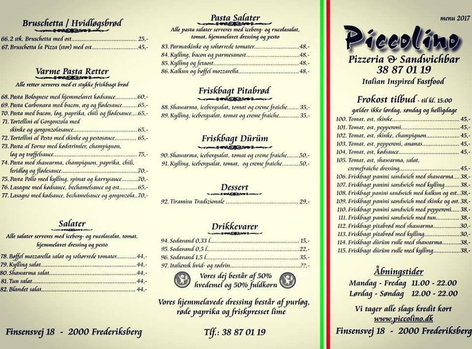Speisekarte von Piccolino pizza, Frederiksberg
