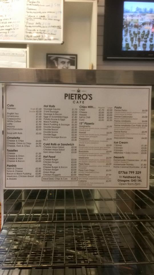 Menu at Pietro's Cafe, Glasgow