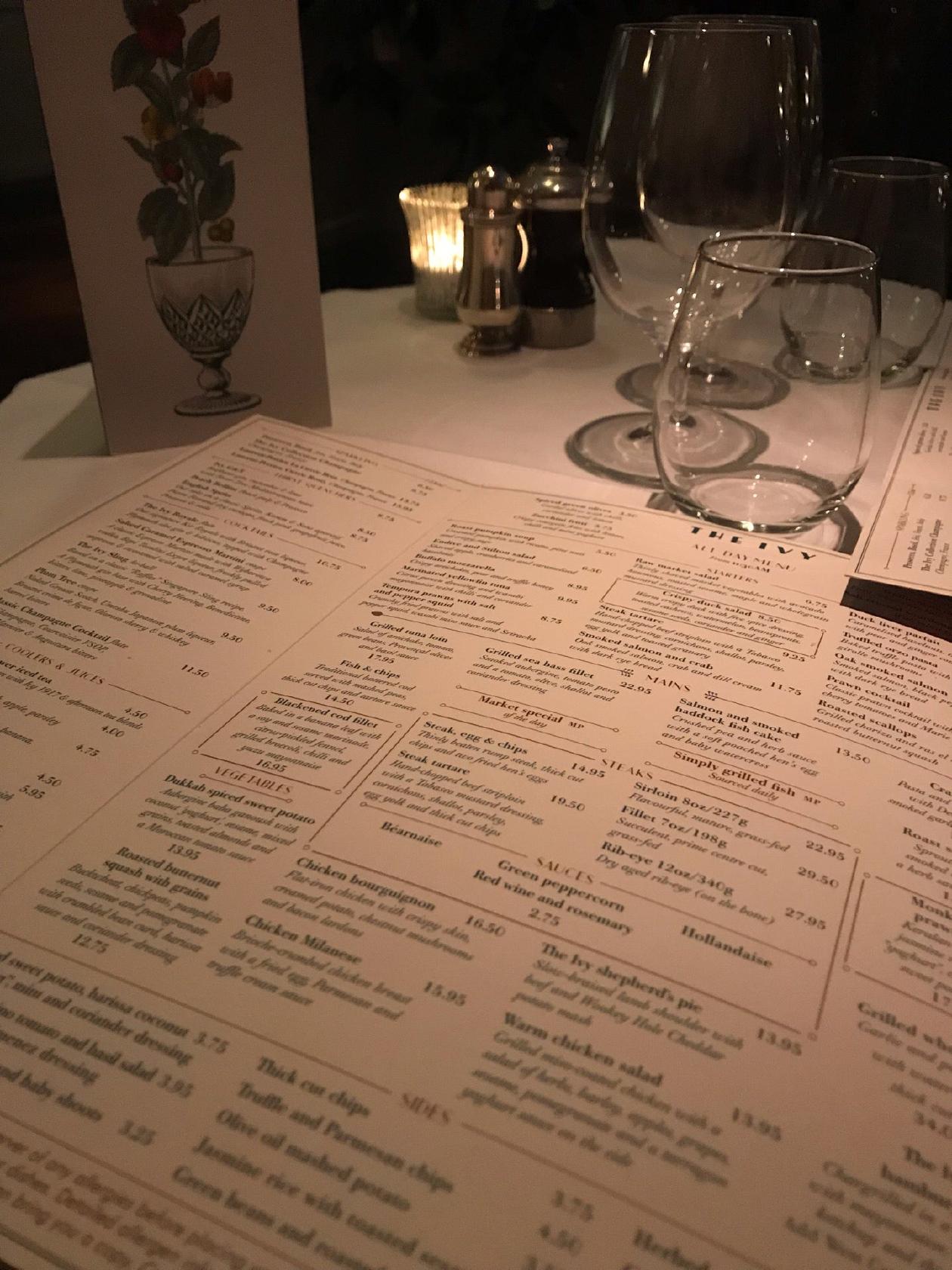 Menu at The Ivy Cambridge Brasserie restaurant, Cambridge