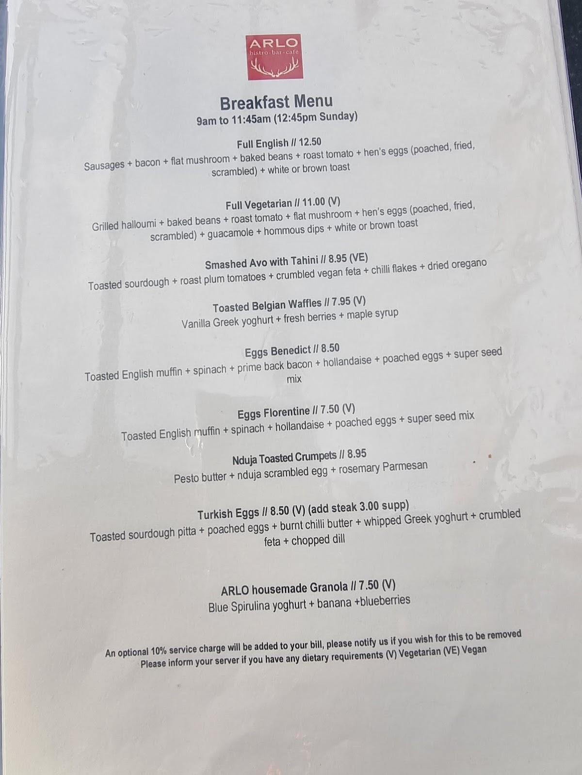 Menu at ARLO Bistro & Cafe, Newcastle upon Tyne