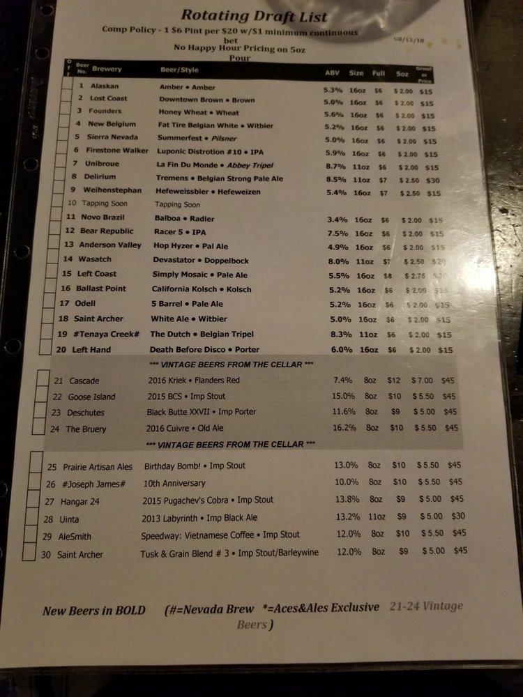 Menu at Aces & Ales restaurant, Las Vegas, N Tenaya Way