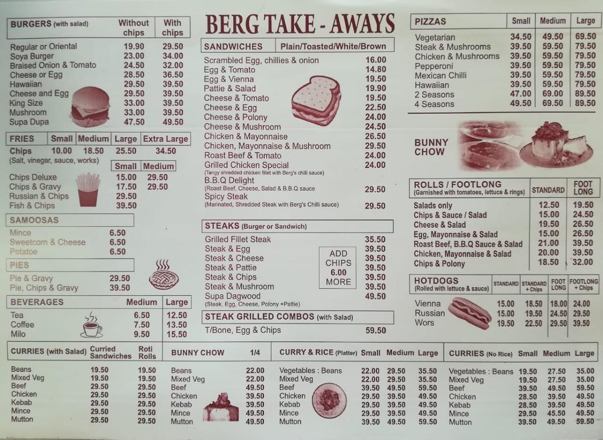 Menu at Berg Take-Aways cafe, Pietermaritzburg