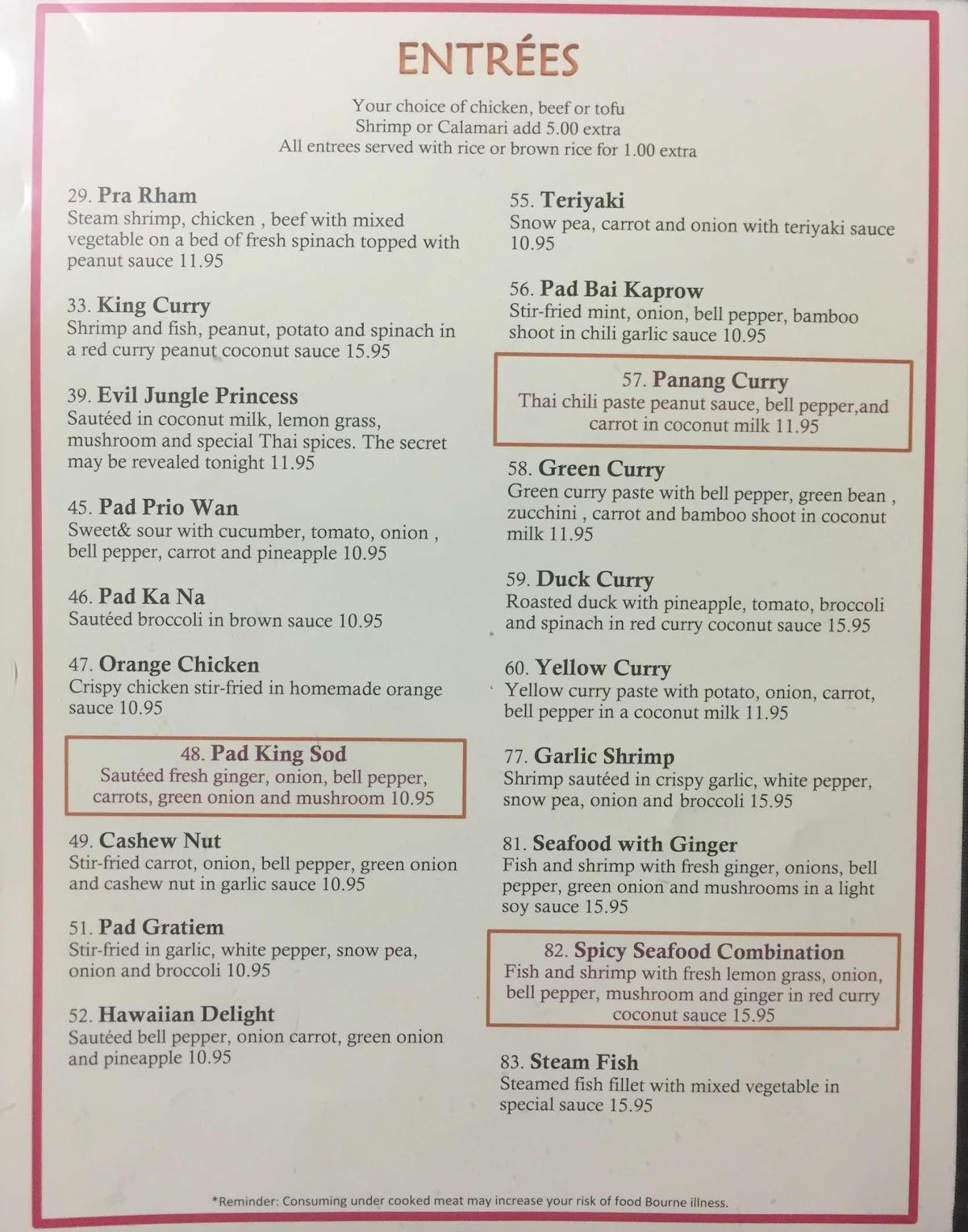 Menu at Dara Thai Twisters restaurant, Williams