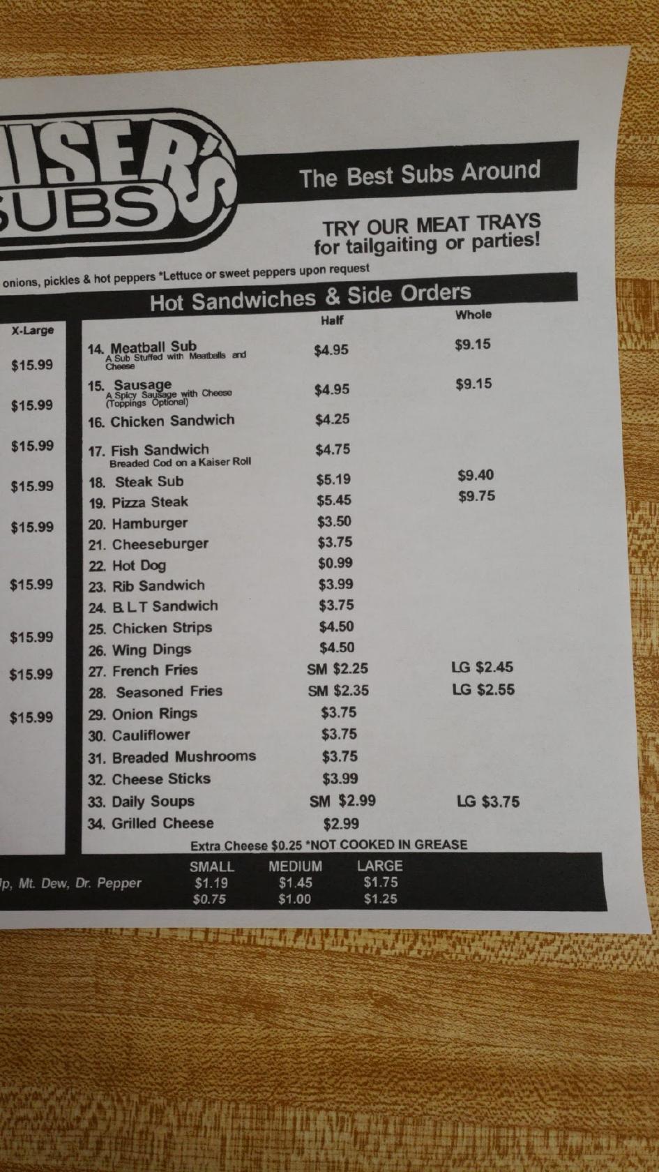 Menu at Houser Subs restaurant, Bellwood