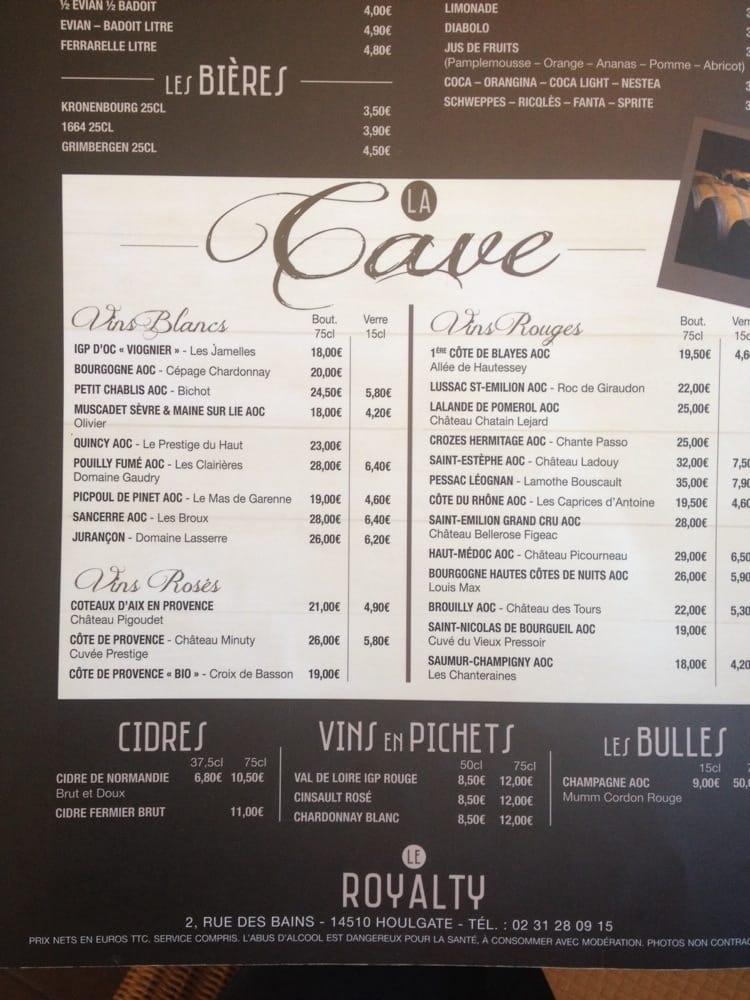 Menu at Le Royalty restaurant, Houlgate