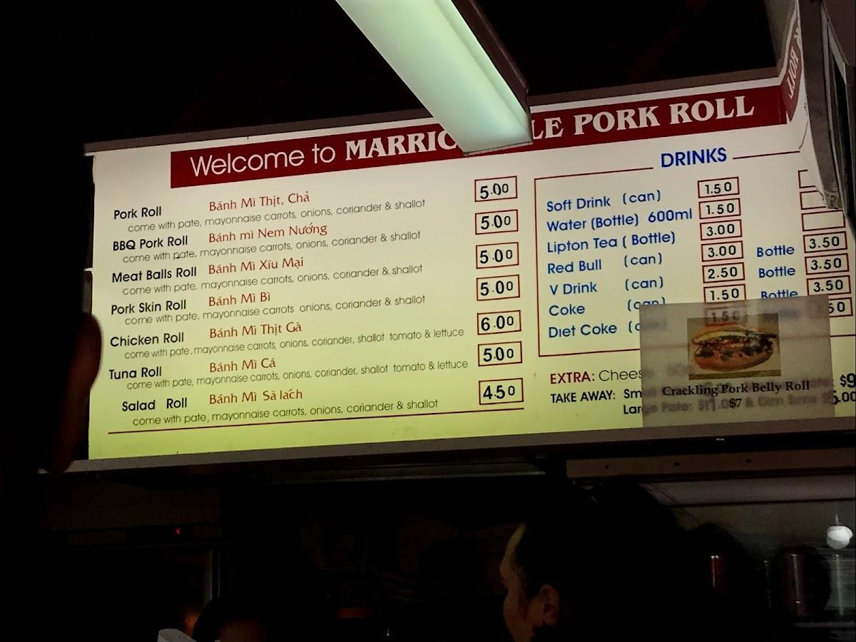 Menu at Marrickville Pork Roll fast food, Marrickville, 236 Illawarra Rd