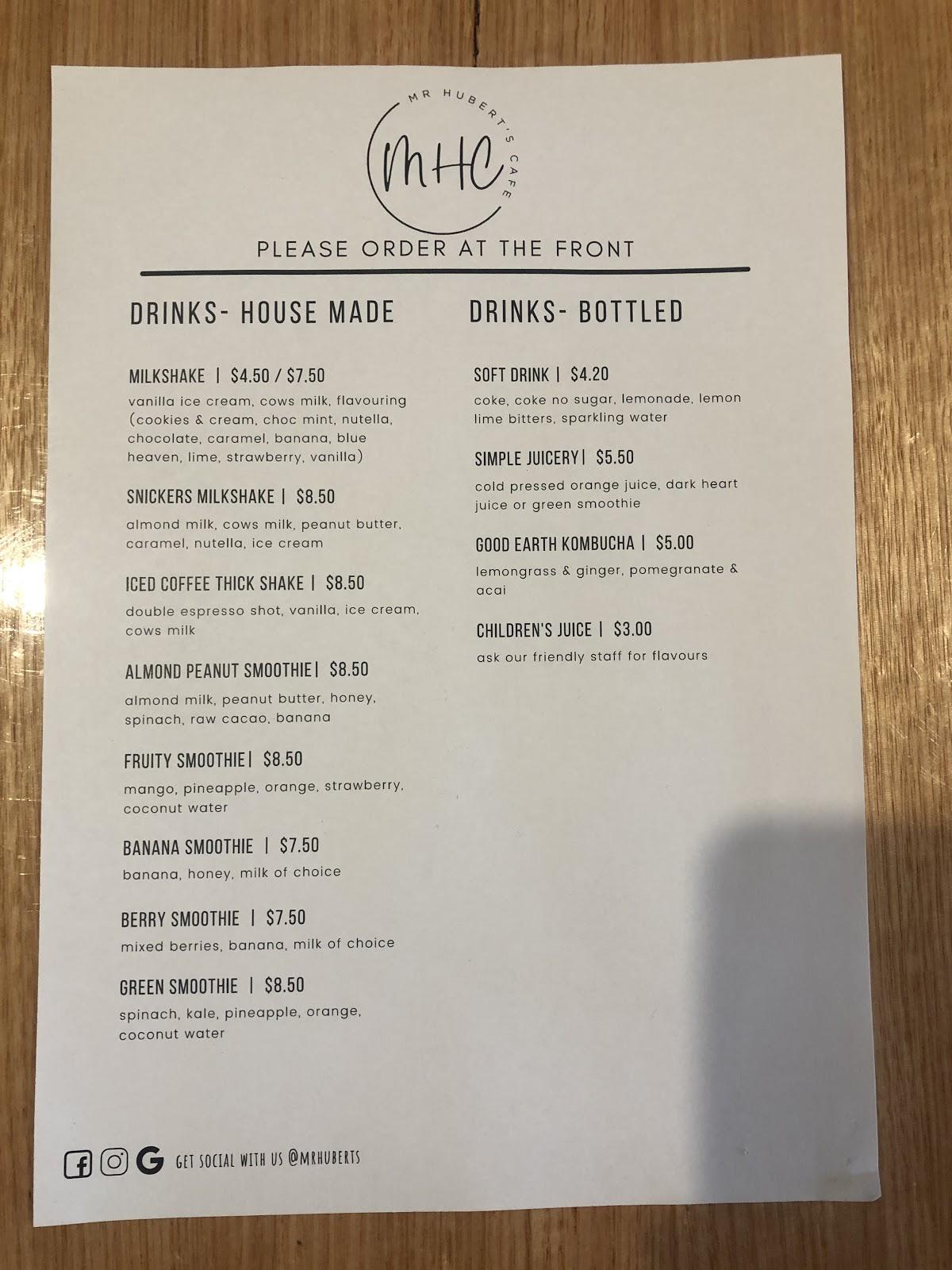 Menu at Mr Hubert’s Cafe, Warragul
