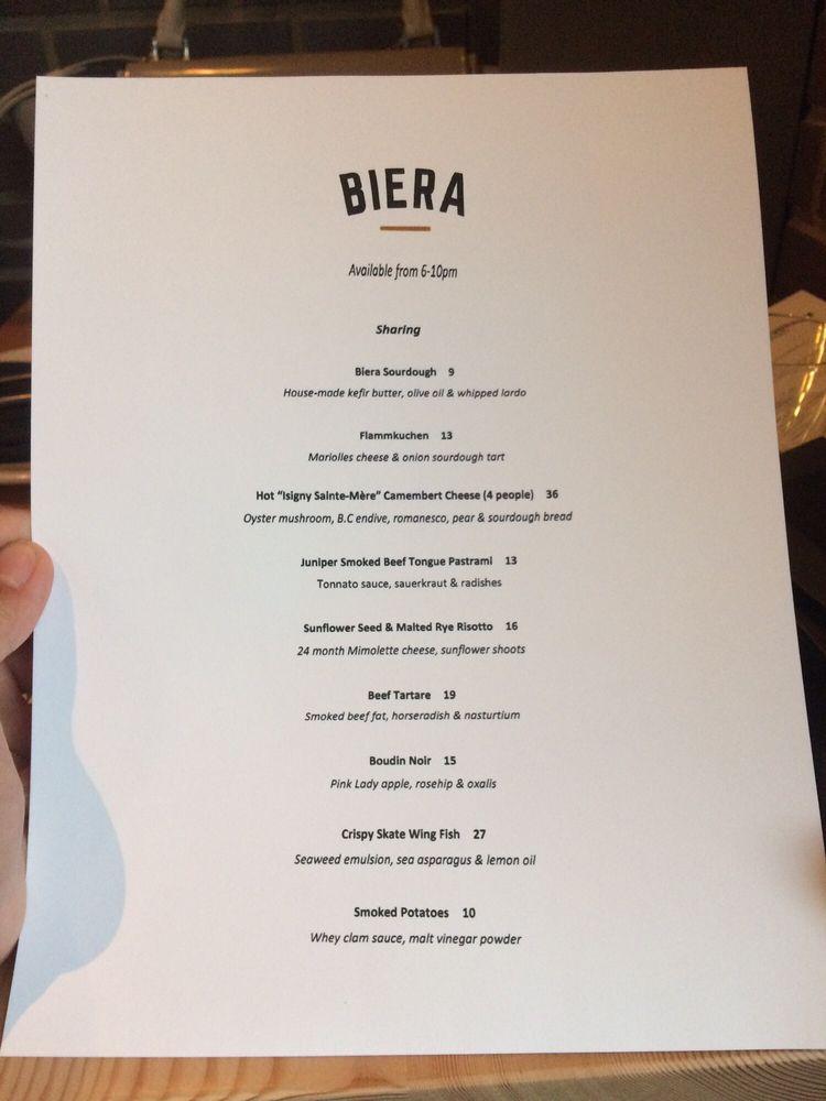 Menu at Biera pub & bar, Edmonton