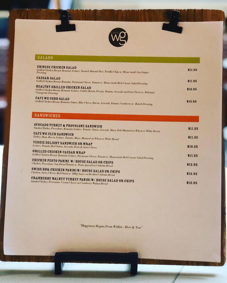 Menu at Café WG cafe, Los Angeles