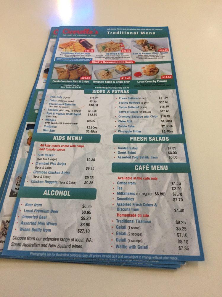 Menu at Cicerello's Fremantle restaurant, Fremantle