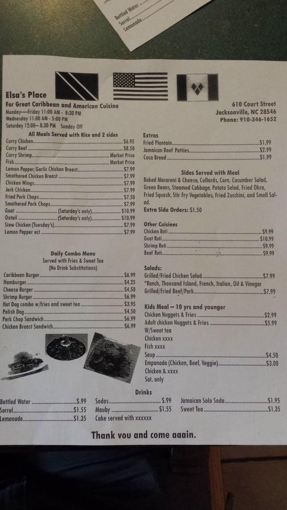 Menu at Elsa's Place restaurant, Jacksonville