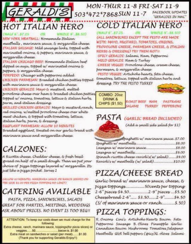 Menu at Geraldi's pizzeria, McMinnville