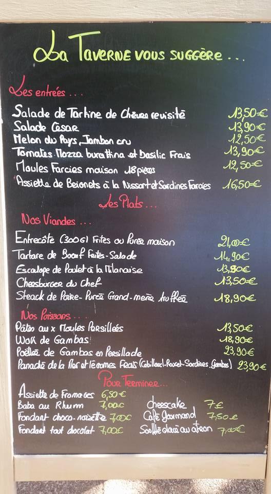 Menu at La Taverne restaurant, Vallauris