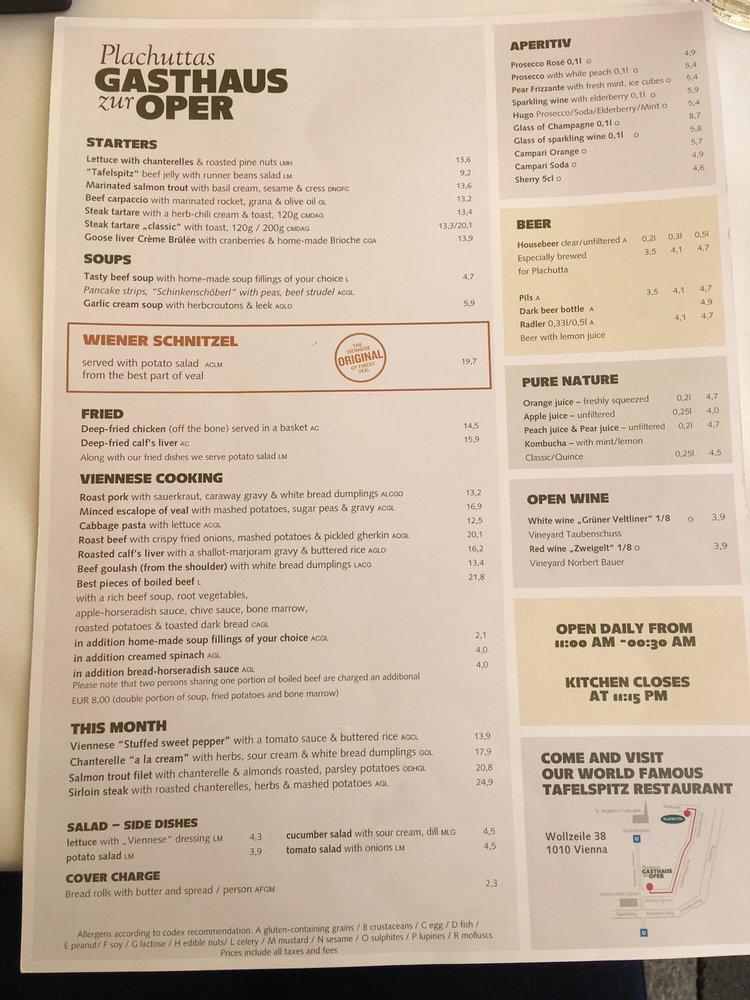 Speisekarte von Plachuttas Gasthaus zur Oper restaurant, Wien ...