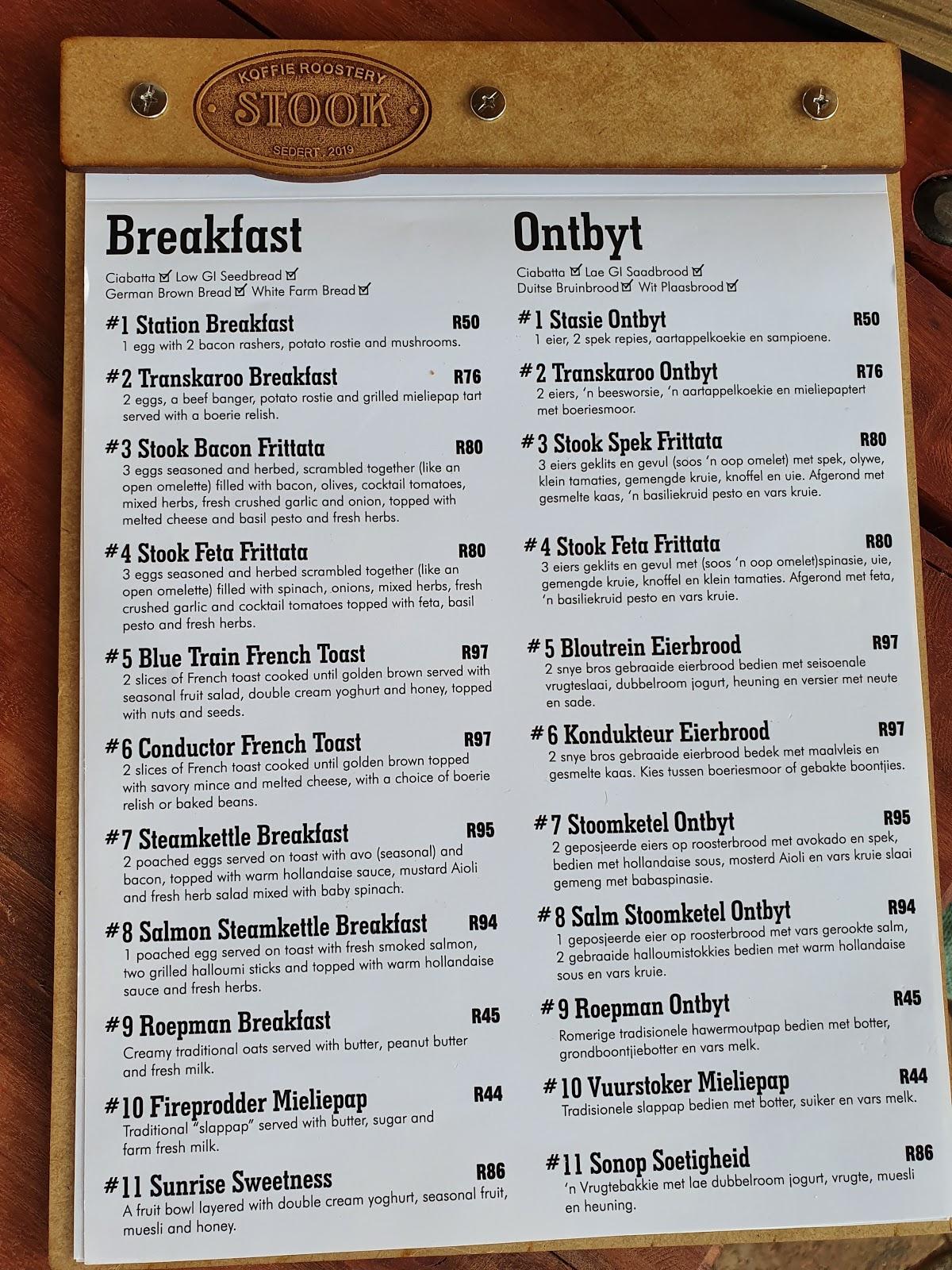 Menu at Stook Koffie Roostery restaurant, Rustenburg